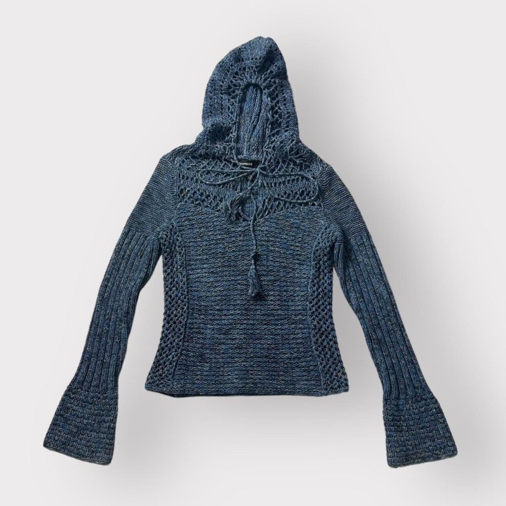 Vintage Y2k Mermaidcore Blue Crochet/Open Knit Hooded… - Gem